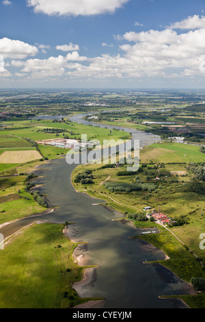 Aerial view, river Rhine with high water and inland navigation ...