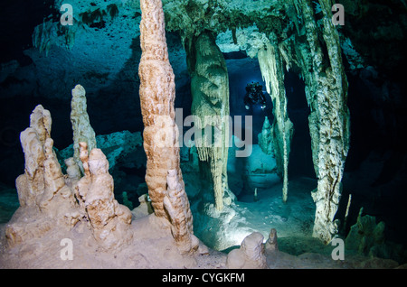 Cave diver inside the cenote Grand Cenote, Cenotes, Tulum, Yucatan ...