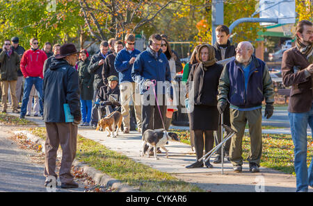 Voters and their dogs line up at a polling station during general ...