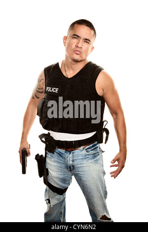 Tough Latino cop in jeans and a bulletproof vest Stock Photo - Alamy