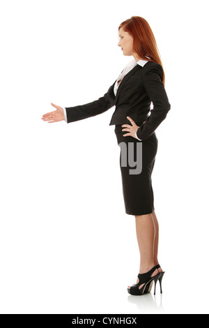 Business woman extend hand over white background Stock Photo - Alamy