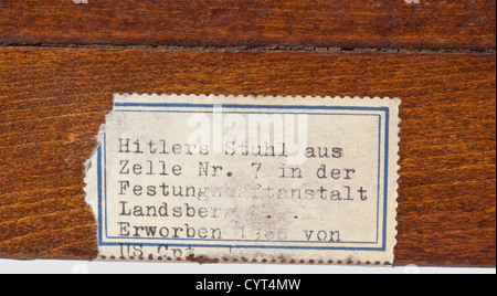Adolf Hitler, a chair from his cell Nr. 7 in Landsberg 1923/24 Wood ...