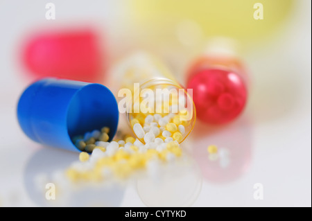 Assorted colorful pills and capsules close up, horizontal, selective ...