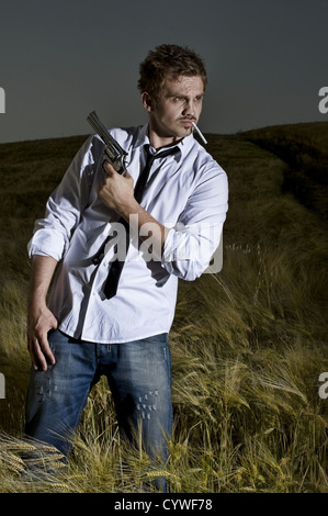 Man shooting 686 Smith Wesson revolver suicide or killer outdoor Stock ...