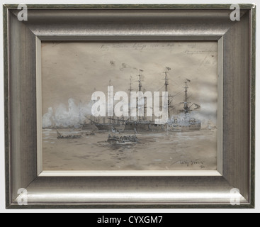 Historical painting by Willy Stöwer, Naval Battle of the steam gunboat ...