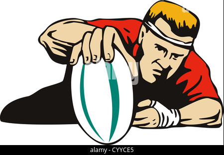 illustration of a Rugby player scoring try viewed from front with wales ...