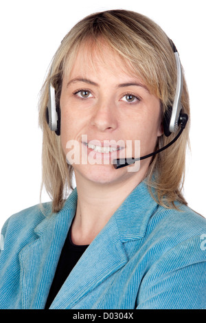Young female telemarketer with blue background and connectivity concept ...