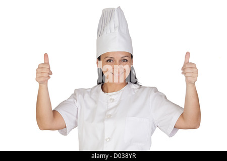 Pretty cook girl with uniform accepting isolated on white background ...