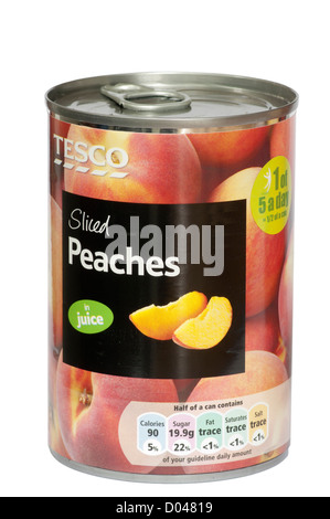 A tin of Tesco own brand peaches in syrup on white background Stock ...