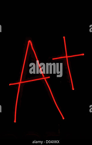 School grade. Red letter A with plus symbol on notebook paper and ...