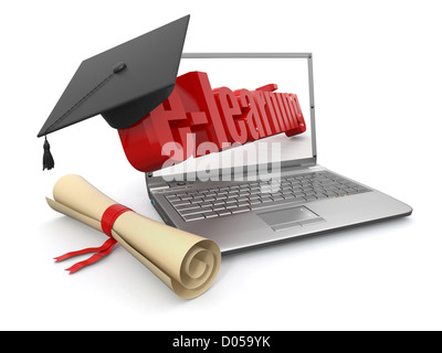 E-learning. Laptop, diploma and mortar board. 3d Stock Photo - Alamy