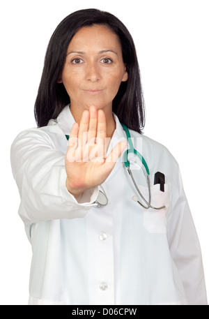 Adorable doctor saying Stop isolated on white background Stock Photo ...