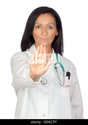 Adorable doctor saying Stop isolated on white background Stock Photo ...