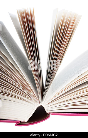 An open hardback reference book isolated on a pure white background ...