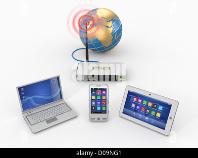 Home wifi network. Internet via router on phone, laptop and tablet pc ...