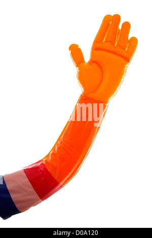 Orange big blown up hand for Dutch soccer game over white background ...