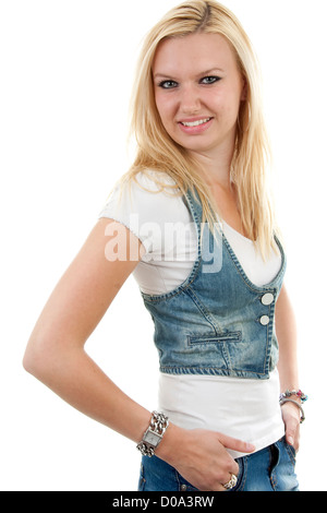 Young blonde woman over isolated background covering one eye with hand ...
