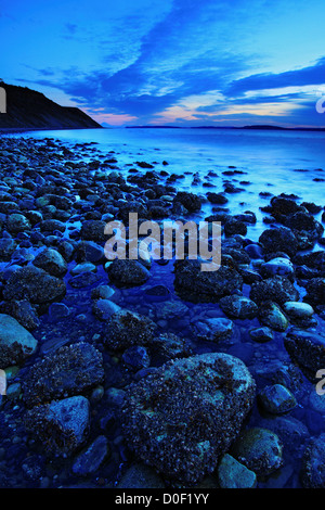 Sunset afterglow on rocky Ebey's Beach, at Fort Ebey State Park ...