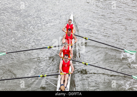 Men's coxed four viewed from above, rowing in the Head of the River ...