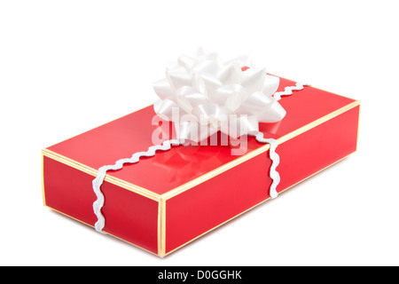 White present box with red knot isolated on white Stock Photo - Alamy