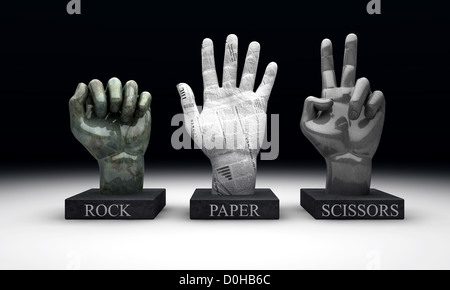 3 statuettes showing the hand-game Roshambo, made out of the hand ...