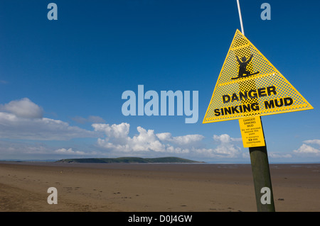 Danger Sinking Mud sign in front of waves and sunset. Warning of ...