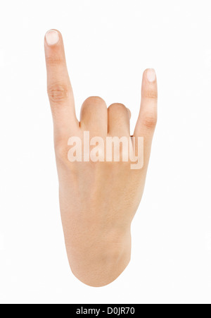 human hand and finger make corna symbol for protection on white ...