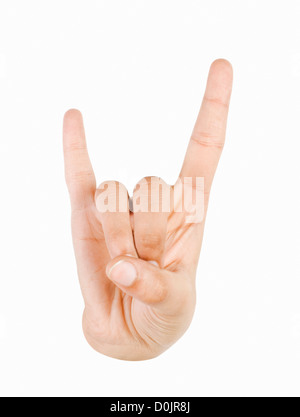 human hand and finger make corna symbol for protection on white ...