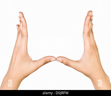 Human hand gesturing isolated on gradient purple-pink background in ...