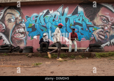 KENYA, Nairobi, Graffiti street art and traffic, colorful painted SACCO ...