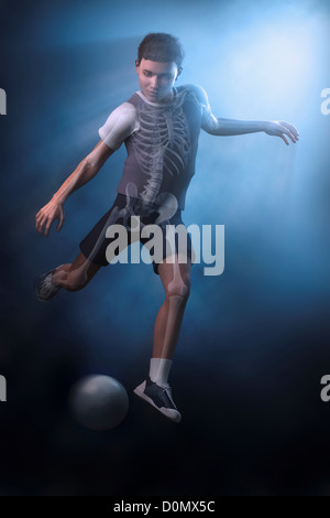 Anatomical model of a child kicking a soccer ball showing the skeletal ...