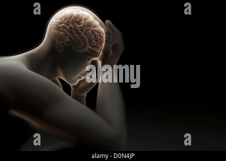 A sitting male figure with the brain visible to represent the ...