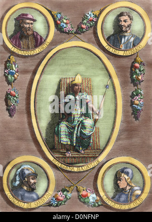 Portrait of Moctezuma II and Hernan Cortes. Cortes in a suit of plate ...