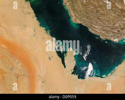 Satellite view of Qatar and Bahrain. This image was compiled from data ...