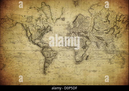Vintage torn worn world map illustration Stock Photo - Alamy
