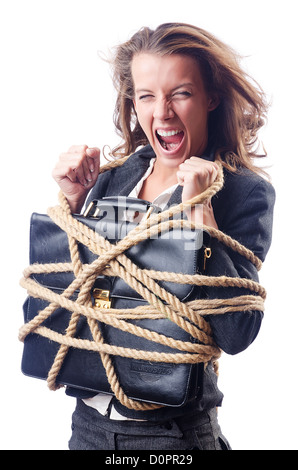 Businesswoman tied with rope on white Stock Photo - Alamy