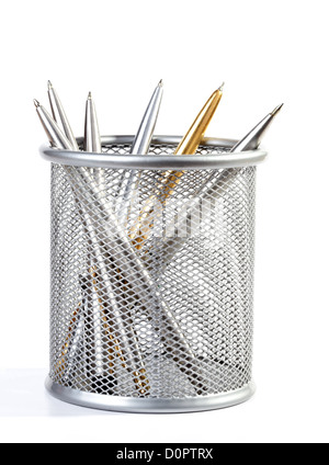 Metal ball-point pens in a support on white background Stock Photo - Alamy