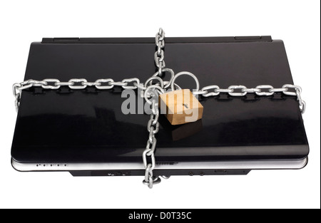Black laptop tied with chain with a padlock on a white background ...