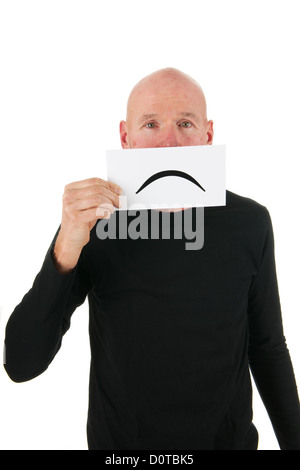Portrait sad man with smiley isolated over white background Stock Photo ...