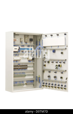 White electrical switch board panel on white concrete wall Stock Photo ...
