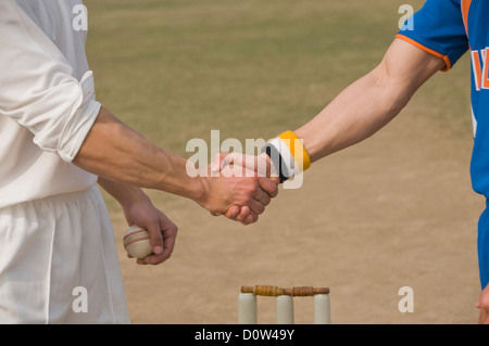 Two cricket players shaking hands Stock Photo - Alamy