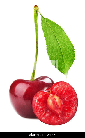 Cross section of red sweet cherry with pit and stem isolated on white ...