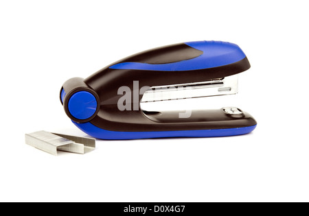 Blue stapler with staples on white background Stock Photo - Alamy