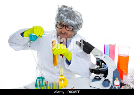 Crazy mad nerd scientist funny expression at laboratory on chemical ...