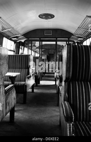 Interior of old steam train car with long wooden corridor Stock Photo ...