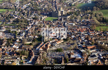 A panoramic view of the City of Wells from the top of Wells Cathedral ...