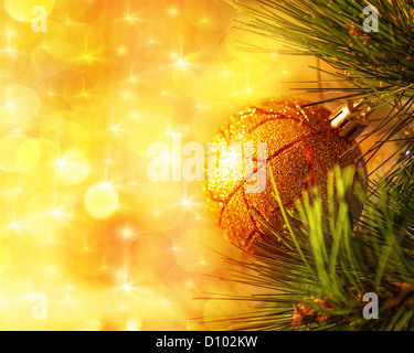 Christmas tree branch, new year decorative ribbons and gift boxes Stock ...