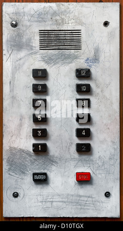 Silver brushed metal button on a grunge background Stock Photo - Alamy