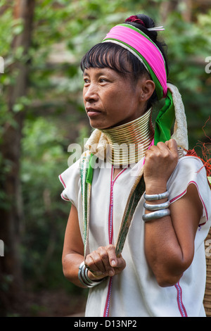 Woman member of Karen Padong hilltribe village near Chiang Rai ...