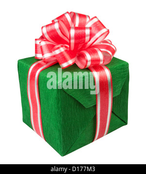 Gift box tied with green ribbon on white background Stock Photo - Alamy